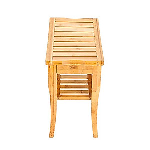 Bamboo Shower Bench Spa Stool, 2-Tier Shower Seat Bench , Foot Rest Shaving Stool with Non-Slip Feet Storage Shelf Organizer for Bathroom, Living Room, Bedroom and Garden Decor