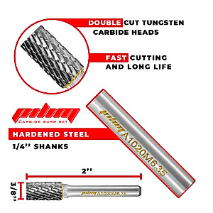 Tungsten Carbide Burr Set 1/4" Shank 10PC Double Cut Rotary Cutting Burrs Die Grinder Bits for Steel and Wood Working, Grinding, Carving, and Engraving