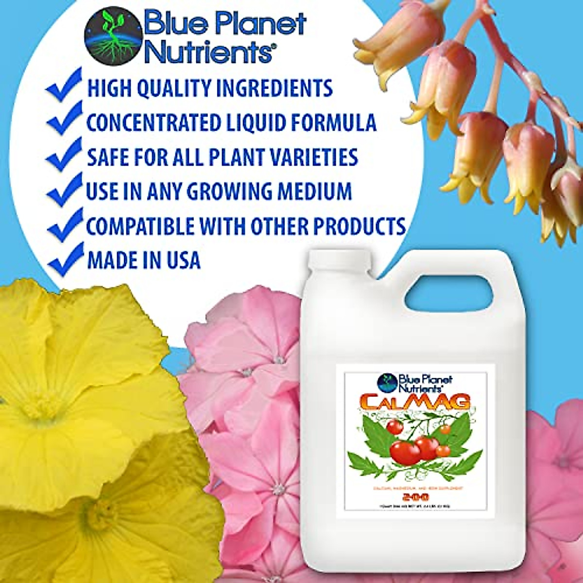 CalMag + Iron Plant Supplement (32 oz) Quart | Concentrated Calcium Magnesium Iron for All Plants & Gardens | Makes Up to 315 Gallons | Prevents & Corrects Blossom End Rot | Blue Planet Nutrients