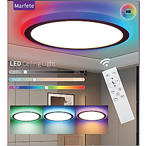 Marfete Flush Mount LED Ceiling Light Dimmable with Remote Control, 13Inch 30W RGB Sidelight Close to Ceiling Light Fixture 3000-6500K, Modern Ultra-Thin Round Ceiling Lamp for Bedroom Kids Room