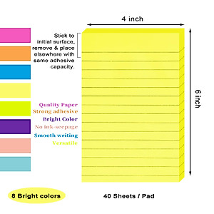 (8 Pack) Lined Sticky Notes 4X6 in Post, 8 Bright Colors Large Ruled Post Sticky Colorful Super Sticking Power Memo Pads Strong Adhesive,Sticky Notes Lined for Office, Home, School, 40 Sheets/pad
