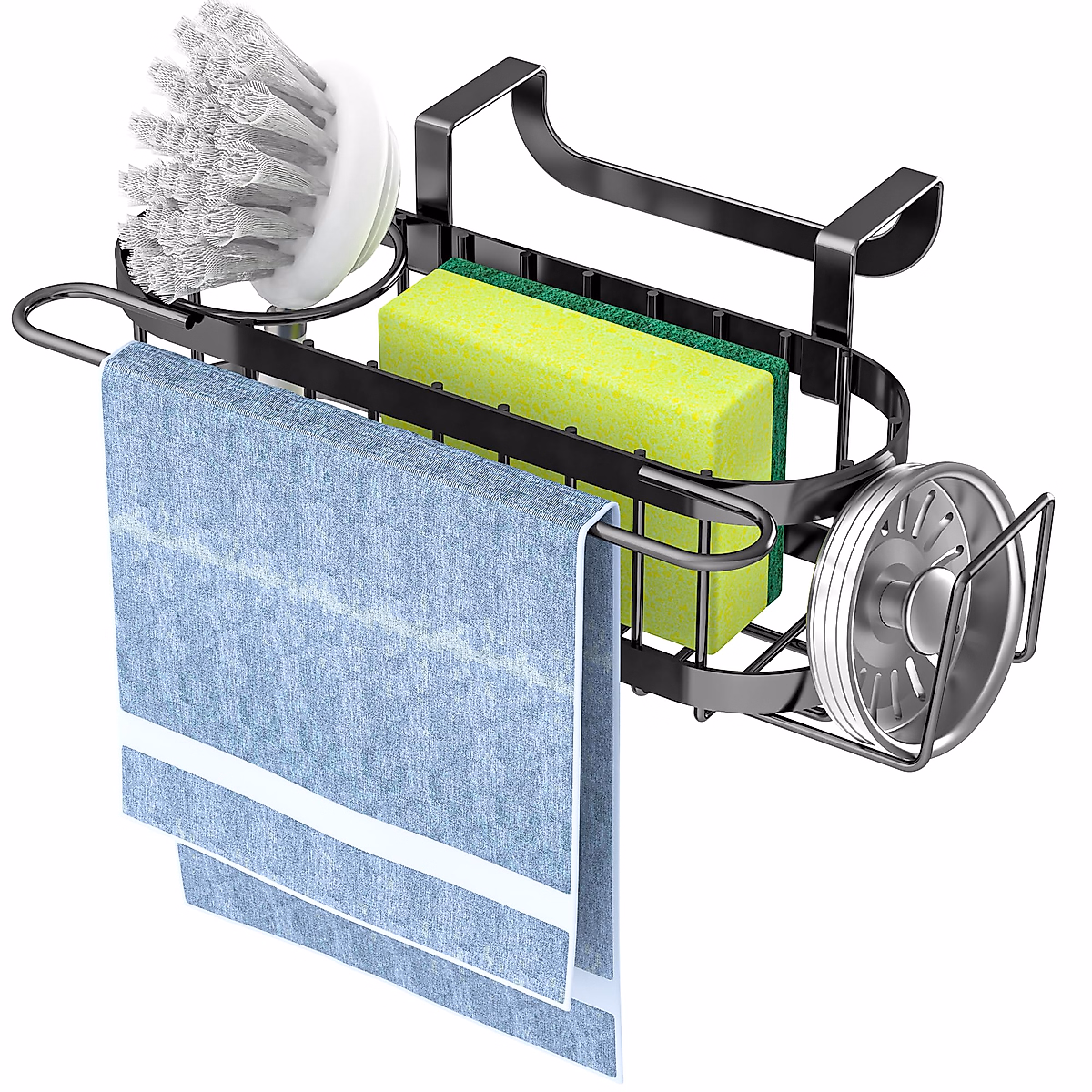 Cisily 3-in-1 Sponge Holder for Kitchen Sink Caddy (Hanging&Adhesive), Stainless Steel Movable Brush Holder + Dish Cloth Hanger, Hanging Sink Caddy Organizer, in Sink Organizer Accessories Rack