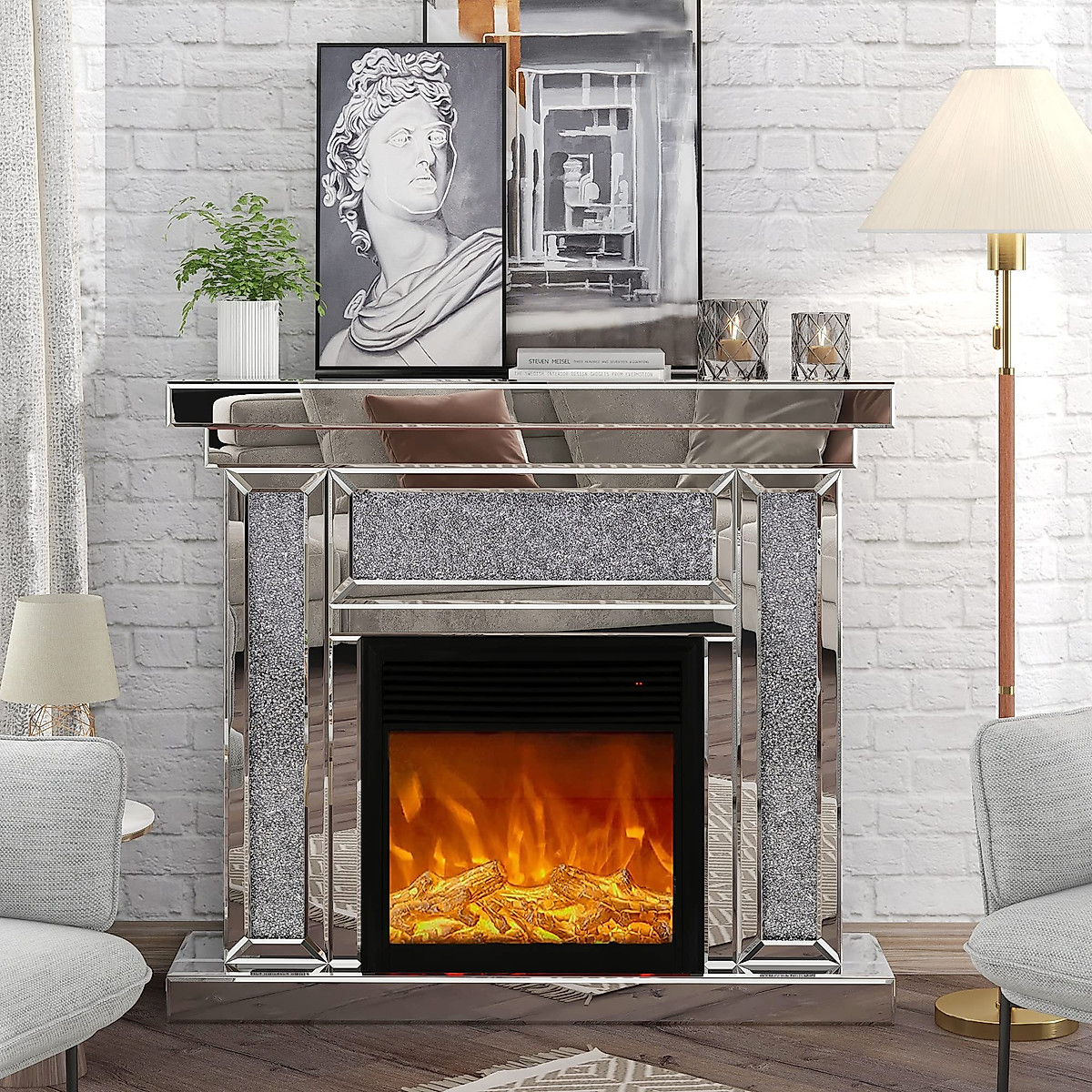 AUWHALEUS Mirrored Electric Fireplace with Remote Control and Mantel, Faux Diamonds Decor Freestanding Fireplace, Adjustable 3D Flame Effect Heater Firebox for Living Room, Silver