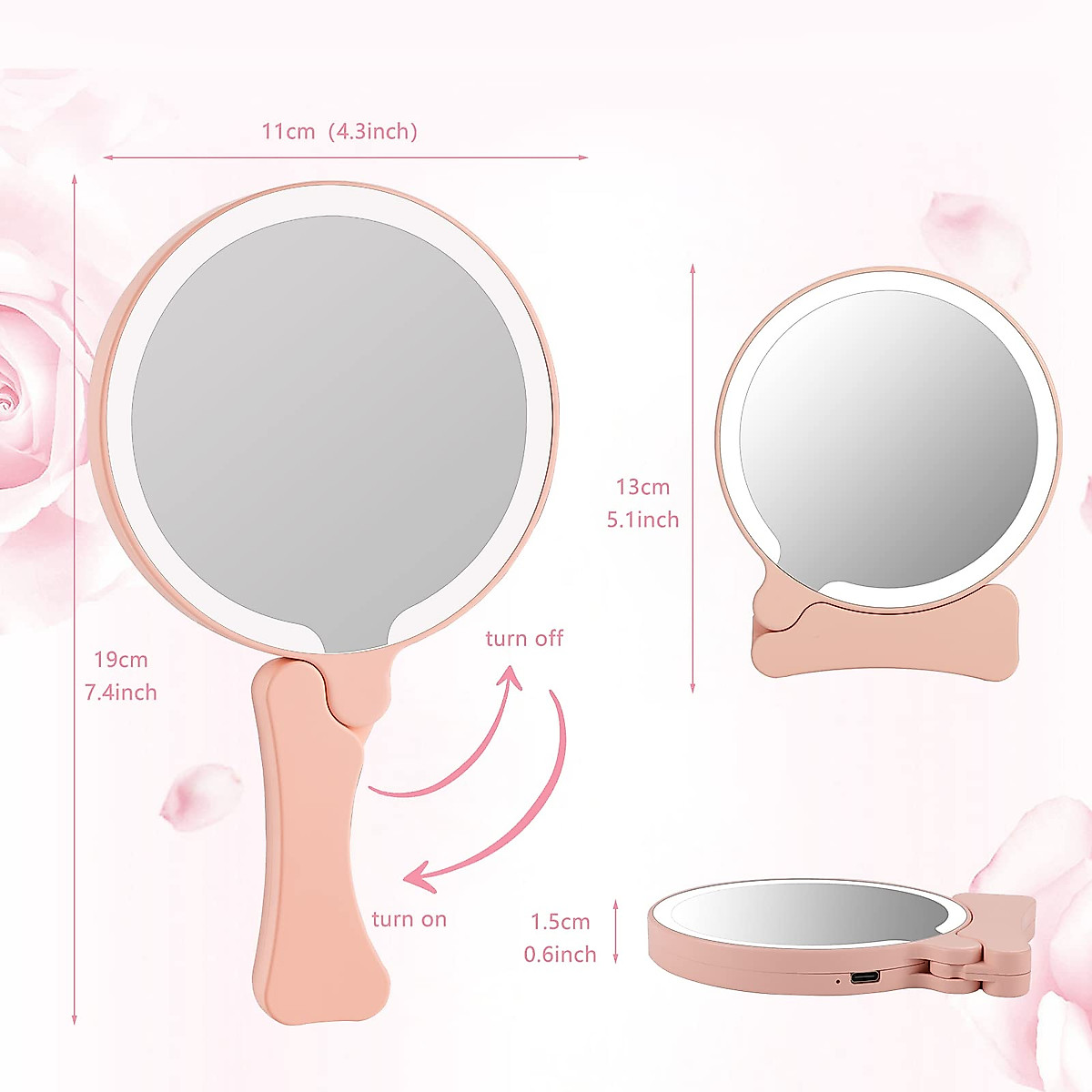 Hand Mirror with Light, Rechargeable Lighted Travel Makeup Mirror, Round Portable Small Handheld Mirror with Folding Handle, Lightweight (Pink)