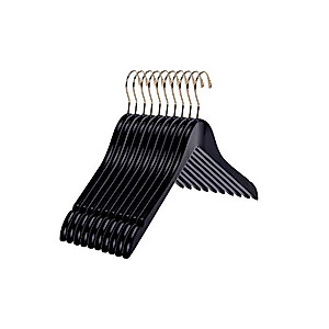 Quality Black Semi Curved Wooden Suit Hangers, 10-Pack Smooth Finish Solid Wood Coat Hanger with Swivel Hook, Jacket, Pant, Dress Clothes Hangers (Black - Gold Hook, 10)