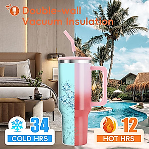 VUSIGN 40 oz Tumbler with Handle and Straw Lid, Stainless Steel Vacuum Insulated Tumbler Travel Mug Water Bottle Cup for Water Iced Tea Coffee Smoothie Car, Flamingo