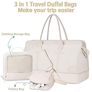ETRONIK Weekender Overnight Bags for Women, Large Travel Duffle Bags with Shoe Compartment & Wet Pocket, Carry On Tote Bag Gym Duffel Bag with Toiletry Bags for Hospital 3 Pcs Set, Large Size, Beige