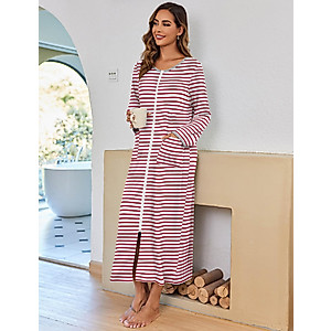 Ekouaer Women Long House Coat Zipper Front Robes Full Length Nightgowns with Pockets Striped Loungewear