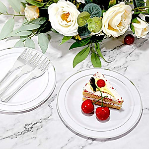 WELLIFE 120 PCS Silver Plastic Dessert Plates with 120 PCS Silver Forks,6.3 inch Disposable Salad Plates,Premium White Appetizer Plates with Silver Rims Ideal for Weddings& Parties.