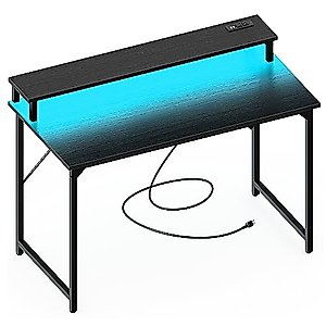 SUPERJARE 47 inch Computer Desk with LED Lights & Power Outlets, Home Office Desk with Monitor Shelf, Small Desk for Home & Office, Black