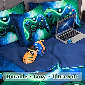 ASKOTU 6 Pcs Gamer Full Bedding Set for Boys, Blue Green Lightnings Bed in A Bag Full Size Gaming Comfortter Set with Sheets for Boys