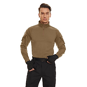 TACVASEN Combat Shirt for Men Long Sleeve Tactical Shirt 1/4 Zip with Pockets Military Pullover Ripstop Army Training Security Paintball Brown M