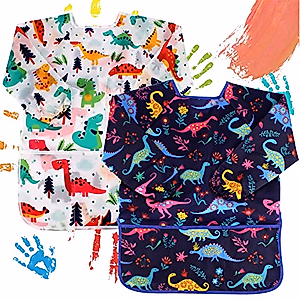 CUBACO 2 Pack Kids Painting Apron Children's Waterproof Artist Apron with Long Sleeve and 3 Pockets for Child 3-8 Years for Art Craft, Cooking, Baking, Feeding (Dinosaur Pattern)