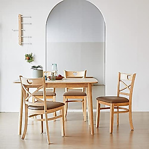 Livinia Heart X-Back Dining Chair Set of 2, Solid Malaysian Oak PU Leather Upholstered Cushion Seat Wooden Cross Back Side Chairs (Natural-Oak)