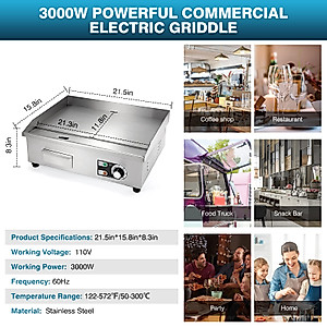 IRONWALLS Commercial Electric Griddle 22”, 3000W Electric Flat Top Griddle Grill Indoor with 122~572℉ Adjustable Temperature Control, Non-stick Stainless Steel Teppanyaki Grill for Restaurant, Hotel