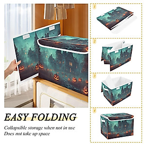 BOESI Castle and Halloween Pumpkin Pattern Foldable Storage Baskets Fabric Boxes with Handle Organizers with Flip-Top Lids Storage Bins for Home Bedroom Office