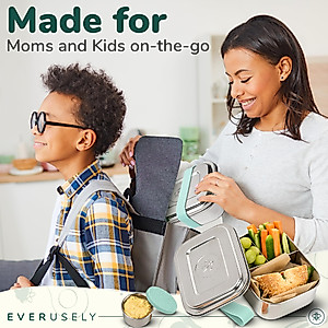 Everusely - Bento Box for Kids - Green, 6.5x4.7 / 27oz - Stainless Steel Lunch Box w/Leakproof Condiment Container - 3 Compartment Snack Box for School, Office Meals - Freezer & Dishwasher Safe