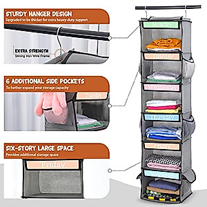 BTideas Weekly Hanging Clothes Organizer for Kids, 6-Shelf Kids Closet Organizers and Storage, 48"x12"x12" Collapsible Daily Kids Clothes Organizer Hanging Closet Shelves with 6 Side Pockets (Gray)