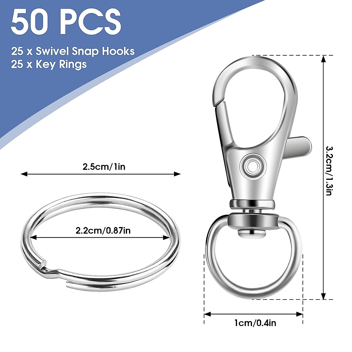 50 PCS in 25 Sets, Metal Swivel Lobster Claw Clasps, Keychain Clip with Large Key Ring, Premium Keychains Clips, Snap Hooks and Sturdy Key Rings, for Key Chain Making Kit，HnoaTovy (Silver)
