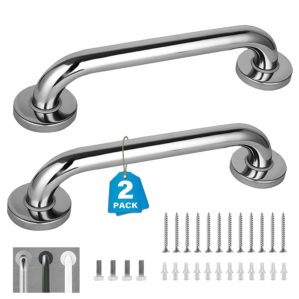 2 Pack 12 Inch Grab Bars for Bathtubs and Showers, Handicap Grab Bars, Shower Handle, Anti Slip Shower Handles for Elderly, Safety Shower Grab Bar, Stainless Steel