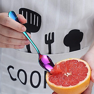 Rainbow Grapefruit Spoons 5 Pieces Set, 4 Stainless Steel Grapefruit Spoon And 1 Grapefruit knife With Titanium Plating, Grapefruit Utensil Set, Serrated Edges Spoon pack of 5 (Rainbow)