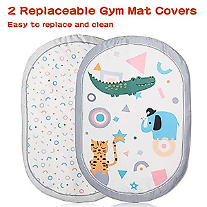 Lupantte 7 in 1 Baby Play Gym Mat, 2 Replaceable Washable Mat Covers Baby Activity Play Mat with 6 Toys, Visual, Hearing, Touch, Cognitive Development for Baby to Toddler, Thicker Non-Slip