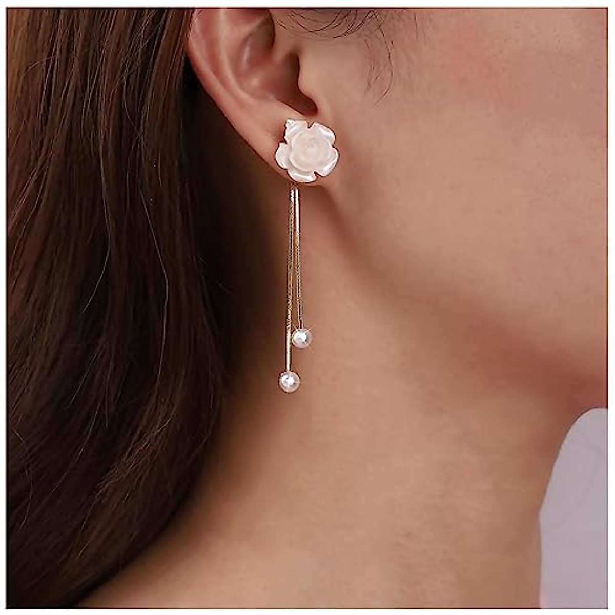 Sttiafay Vintage Flower Pearl Drop Earrings Long Tassel Pearl Earrings White Camellia Stud Earring Gold Pearl Chain Dangle Earrings Jewelry for Women and Girls