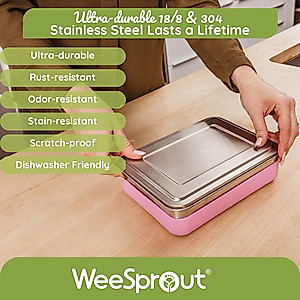 WeeSprout 18/8 Stainless Steel Bento Box (Large) - 3 Compartment Metal Lunch Box, Skid-proof Silicone, for Kids & Adults, Bonus Dip Container, Fits in Lunch & Work Bags, Dishwasher & Freezer Friendly