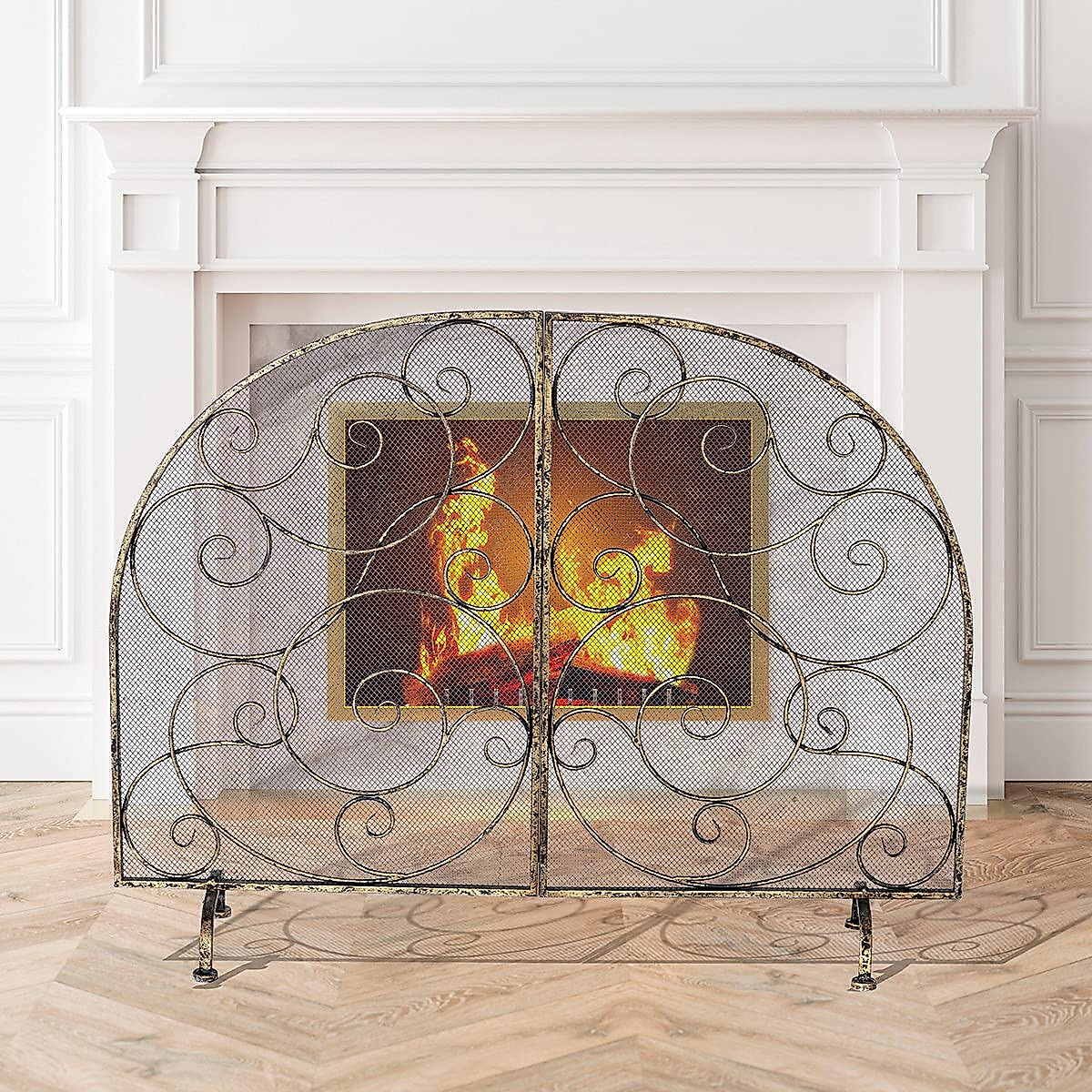 XSDevecor Handcrafted Large Free Standing Fireplace Screen, Sturdy Wrought Iron Frame Decorative Mesh Fire Spark Guard Gate, 43“ W x 33” H