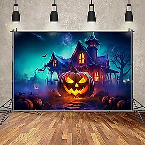 MOONDECO Photography Background 7x5ft Halloween Frame Jack O Lantern Fire Castle Window Backdrop Children Party Props Blue Sky Bat Decor Photo Booth