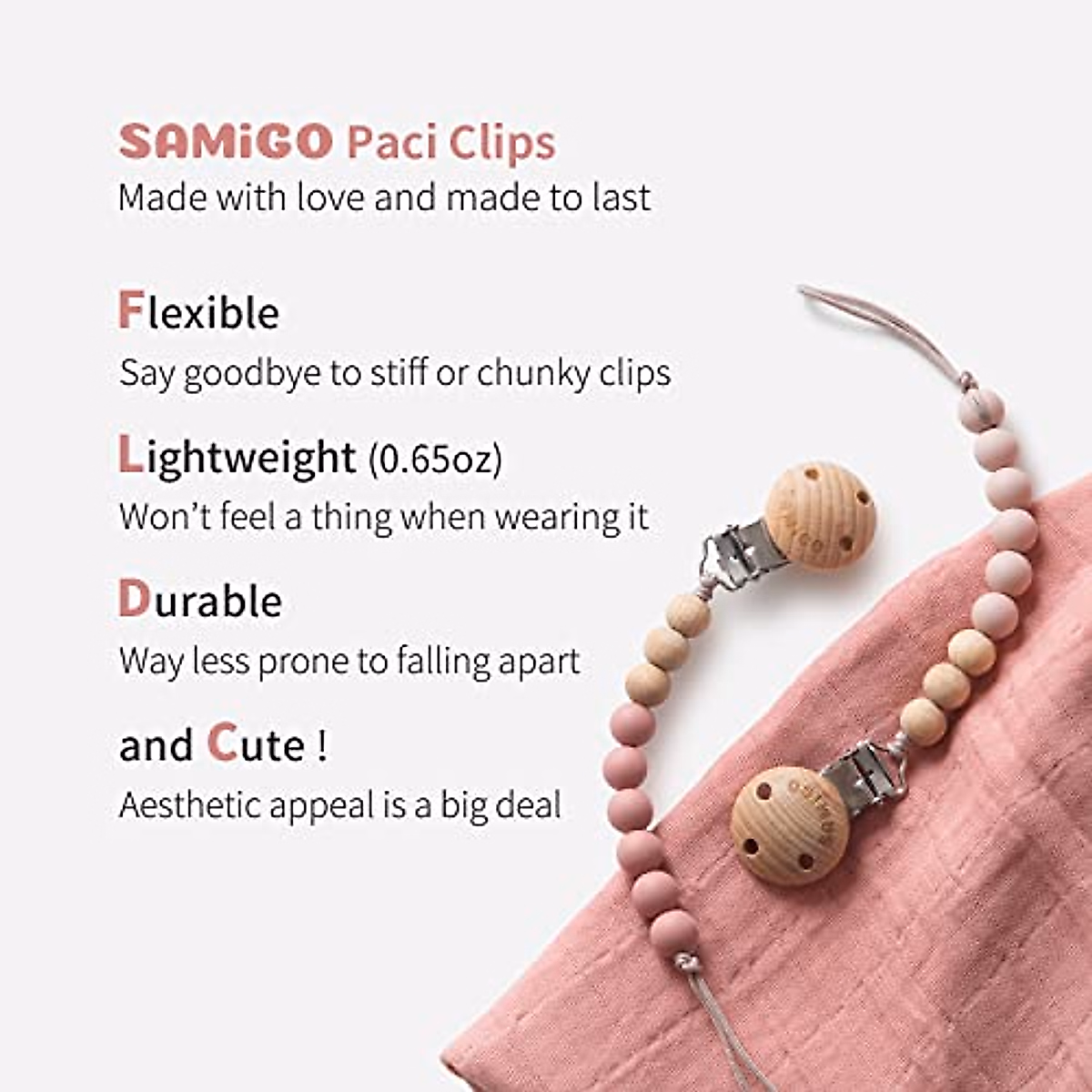 SAMiGO Pacifier Clips for Baby Girls Pacifier Holders Silicone Paci Binky Clips - 2 Pack