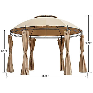 ECOTOUGE 11.5ft Outdoor Patio Gazebo Steel Round Fabric Top Anti-UV Dome Gazebo Canopy w/Ground Stake and Removable Curtains, Beige