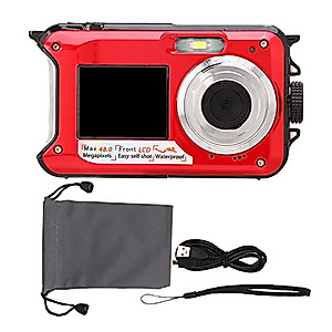 Dual Screens Waterproof Digital Camera, Full HD 2.7K 48MP 10ft 16X Digital Zoom Waterproof Dual Front and Rear Screen Digital Camera for Teenagers Beginners. (Red)