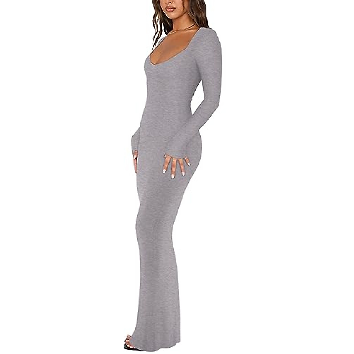 REORIA Women's Sexy Casual V Neck Long Sleeve Lounge Long Dress Elegant Fall Wedding Guest Tight Ribbed Bodycon Maxi Dresses Light Grey Small