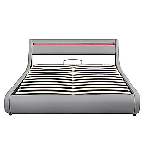 Tensun Queen Size Upholstered Faux Leather Platform Bed with a Hydraulic Storage System, with LED Light Headboard, Bed Frame with Slatted, Easy Assembly, No Box Spring Needed, for Adult, Kids,Grey