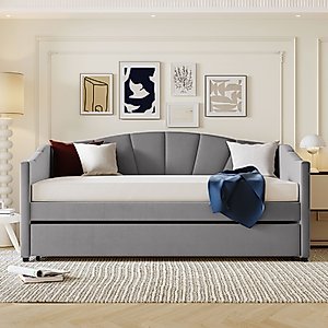 GINGVAT Stylish Upholstered Daybed Sofa Bed with Twin Size Trundle and Wood Slat, Gray, White