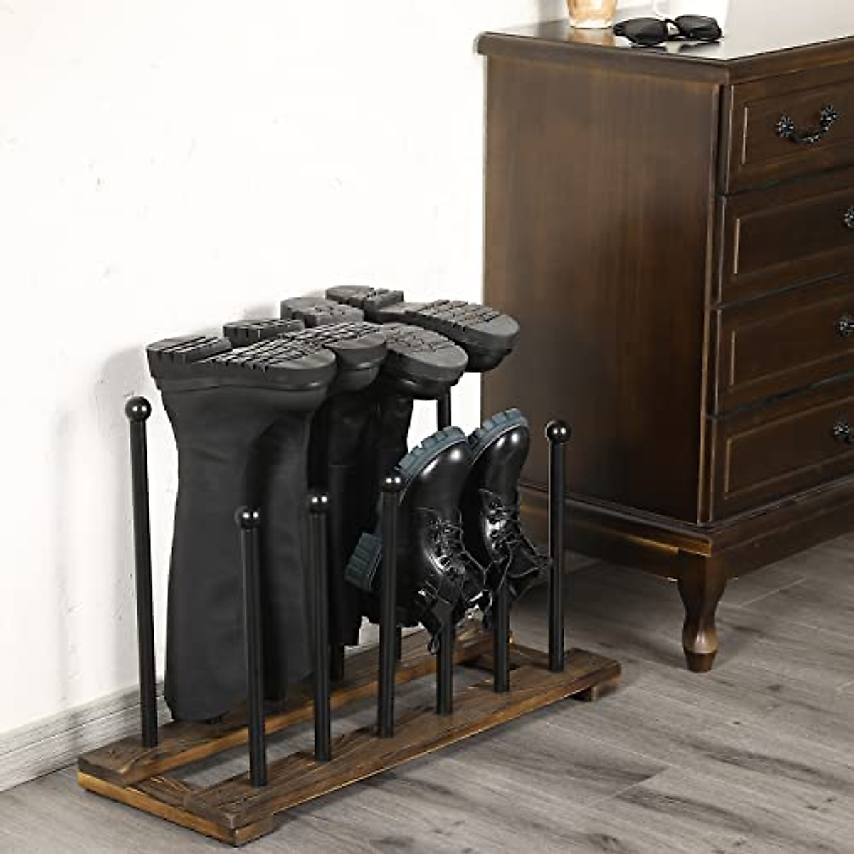 MyGift Modern Entryway Black Metal Boots and Shoe Rack with Rustic Burnt Solid Wood Base, Freestanding Tall Cowboy Boots Work Boot Organizer, Holds 6 Pairs