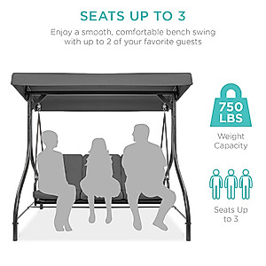 Best Choice Products 3-Seat Outdoor Large Converting Canopy Swing Glider, Patio Hammock Lounge Chair for Porch, Backyard w/Flatbed, Adjustable Shade, Removable Cushions - Gray