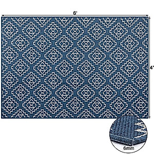 U'Artlines Indoor Outdoor Area Rugs Aztec Boho Chic Non-Shedding Large Floor Mat and Rug for Outdoors, RV, Patio, Backyard, Deck, Picnic, Beach, Trailer, Camping (4' x 6', Cream/Blue)