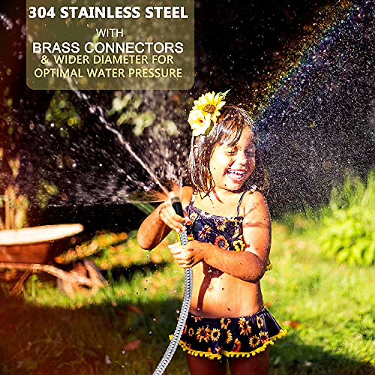 Yanwoo 304 Stainless Steel 4ft Garden Hose with Female to Male Brass Connector, 18mm Outer Diameter Flexible & Lightweight Heavy Duty Short Water Hose for Outdoor (4 Feet)