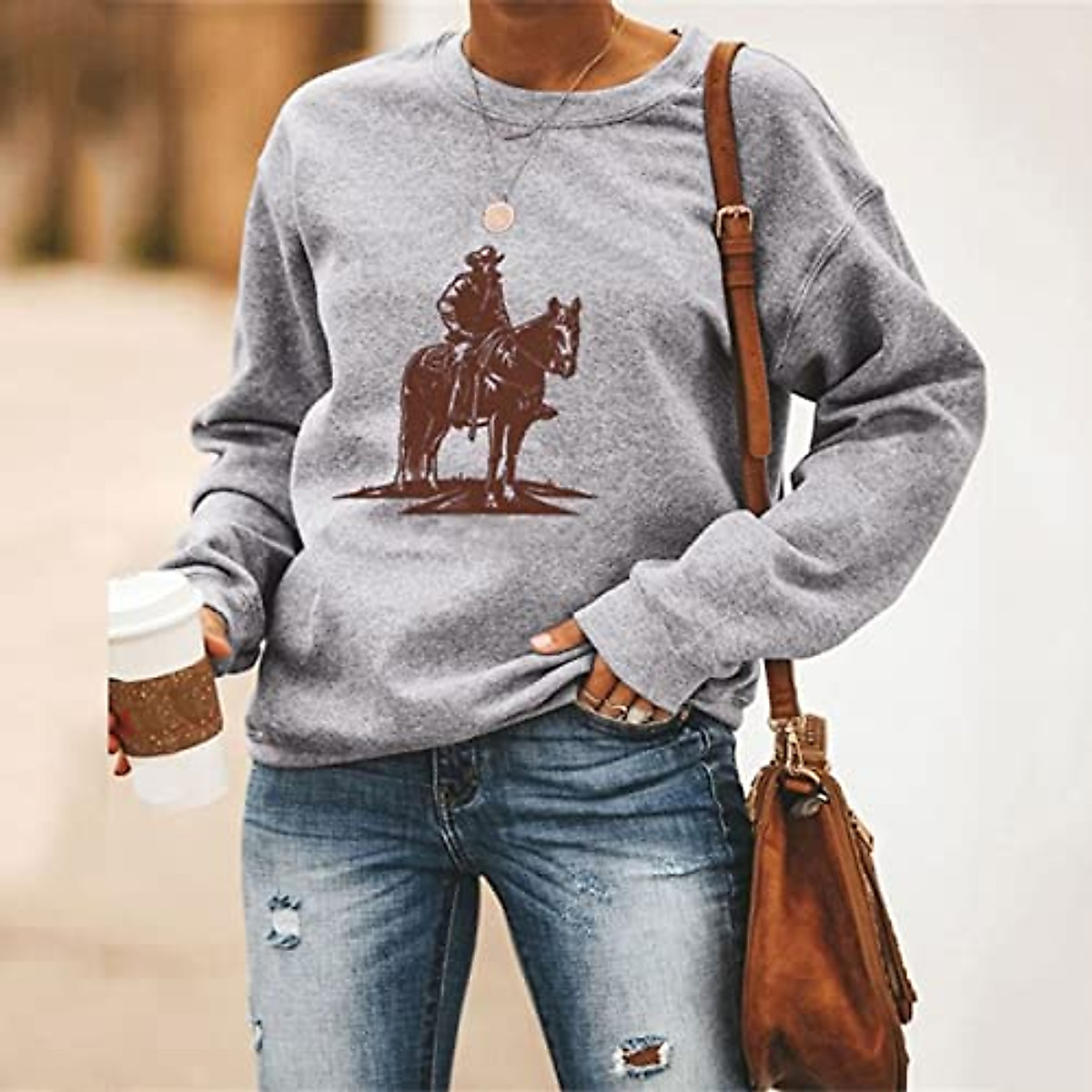 Drindf Graphic Sweatshirt for Women Long Sleeve Round Neck Casual Pullover Tops Gray