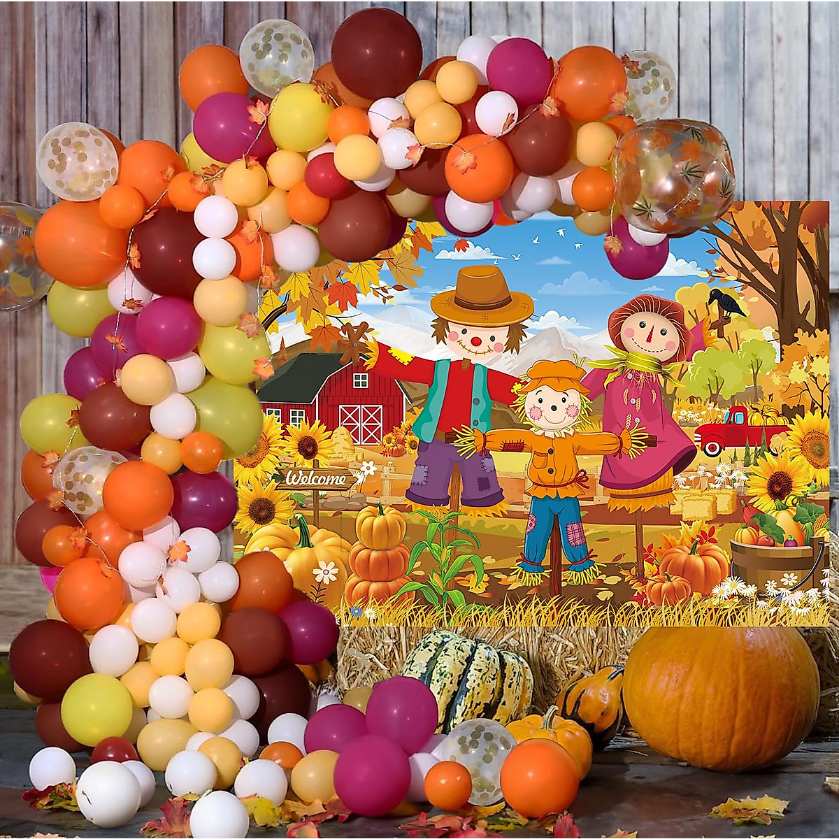 Fall Backdrop Autumn Scarecrow Farm Barn Harvest Photography Background 6x4FT Kids Birthday Party Baby Shower Decorations Supplies Photo Props (72x48 inch)