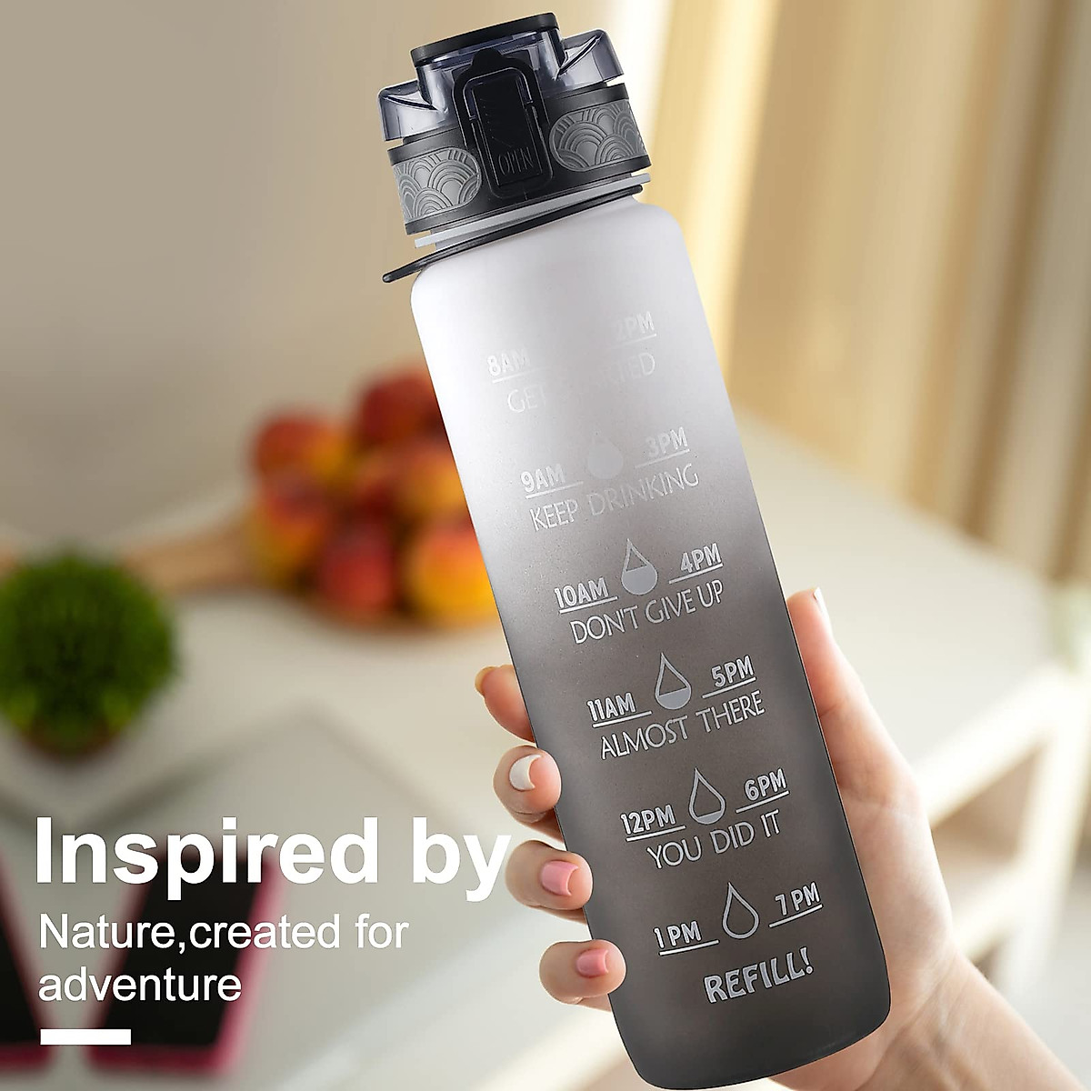 Kanglesdip 32 oz Large Water Bottle with Motivational Time Marker & Removable Strainer,Fast Flow BPA Free for Fitness, Gym and Outdoor Sports(White/Black)