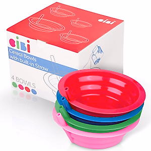 Cereal Bowls with Straws for Kids by CIBI | BPA-Free Plastic | Toddler Sip-A-Bowls with Built-In Straw for Cereal and Soup | Set of 4 Colorful Breakfast Bowls