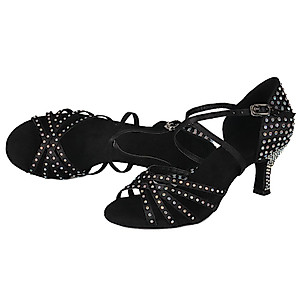 DKZSYIM Women's Satin Latin Dance Shoes Rhinestone Ballroom Salsa Performance Practice Dancing Shoes,AFCT40403-Black-6.5,US 7
