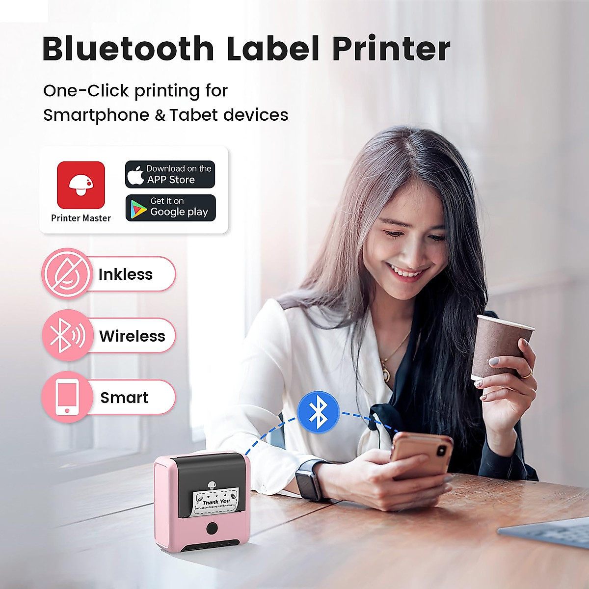 Memoking M200 Label Maker Machine with Tape 3 Rolls - Portable Label Printer for Labeling Products - Bluetooth Label-Maker Wireless - Thermal Barcode Label Printer for Clothes,Address,Jars,Album,Cable