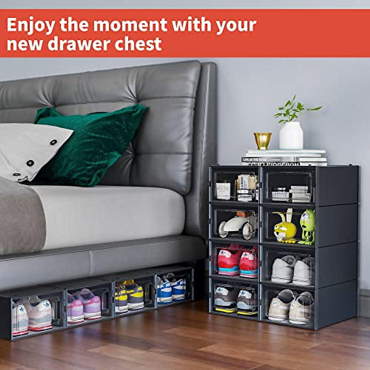 12 Pack Shoe Organizer Boxes, Black Plastic Stackable Shoe Storage Bins For Closet, Space Saving Shoe Holder Sneaker Display Case