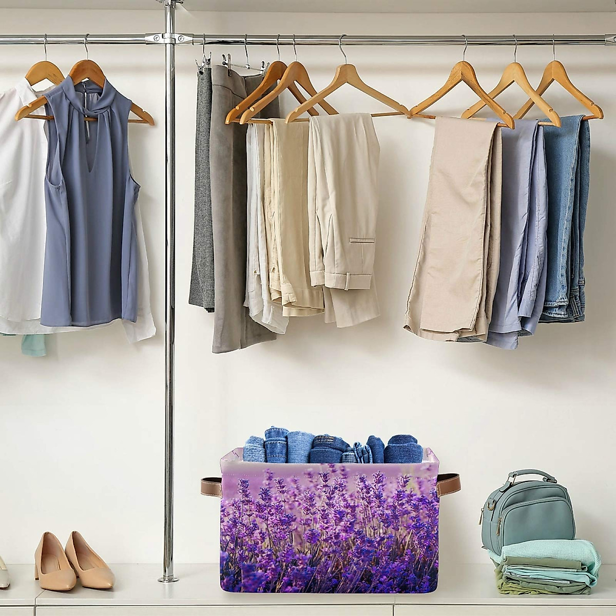 AUUXVA Storage Basket Purple Lavender Field Storage Cube Box Durable Canvas Collapsible Toy Basket Organizer Bin with Handles for Shelf Closet Bedroom Home Office