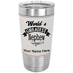 LaserGram 20oz Vacuum Insulated Tumbler Mug, World's Greatest Nephew, Personalized Engraving Included (Faux Leather, Baseball Style)