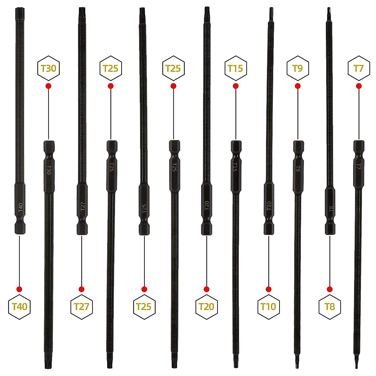 6" Long Torx Bit Set (12 Pack of Drill Bits with Case) Security Tamper Proof Star Design in T7, T8, T9, T10, T15, T20, T25 x 3, T27, T30, and T40